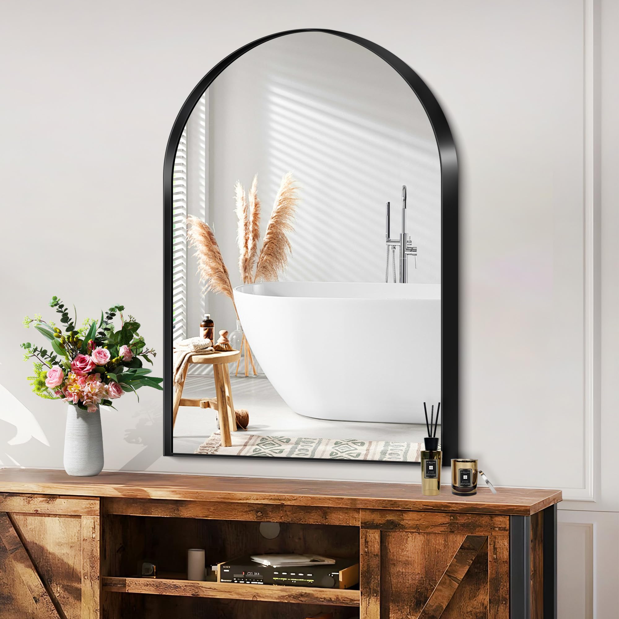 SDHYL Arched Bathroom Medicine Cabinet with Mirror, 36”x24” Recessed Medicine Cabinet for Bathroom with Beveled Edge Mirror, Wall Mounted Deep Set Alumiunm Frame, Black