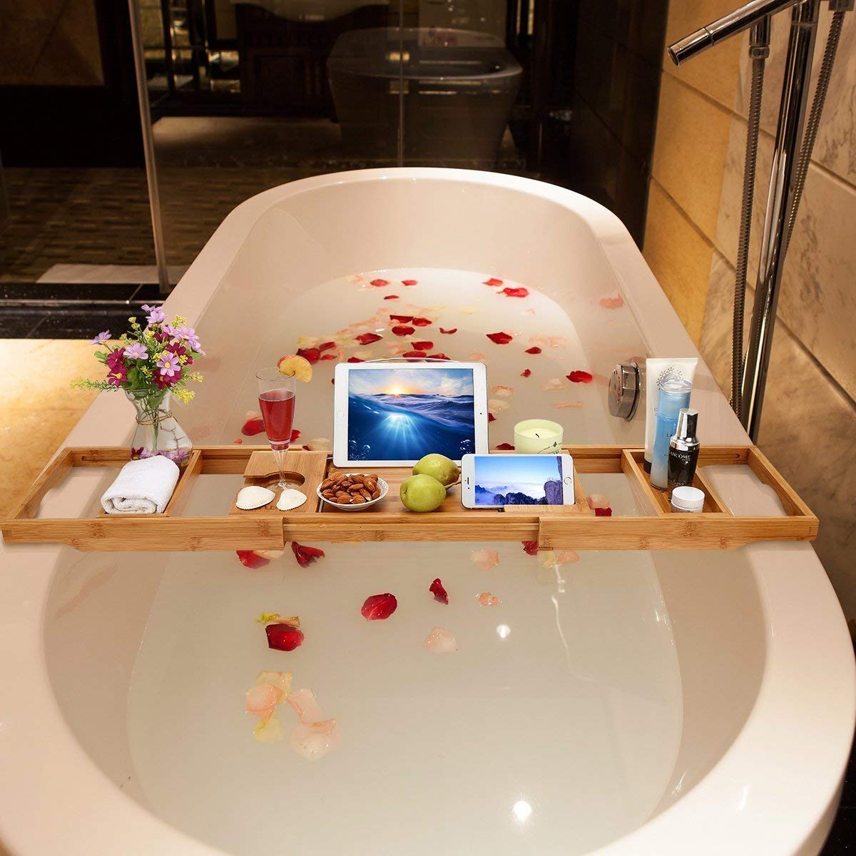 Hossejoy Bathtub Caddy Tray& Laptop Desk with Foldable Legs, 2 in 1 Wisdom Design β Luxurious Bathtub Caddy with Extending Sides, Tablet Holder, Reading Rack,Cellphone Tray and Wine Glass Holder