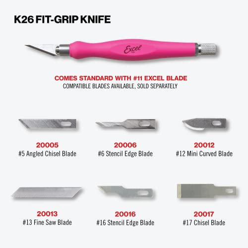 Excel Blades Fit Grip Knife, Ultra Sharp Knife with Carbon Steel Angled Edge Blade & Contoured Rubberized Grip, Made in the USA, Light Duty Cutting Tool for Precision Cutting & Trimming, Pink, 3 Pack