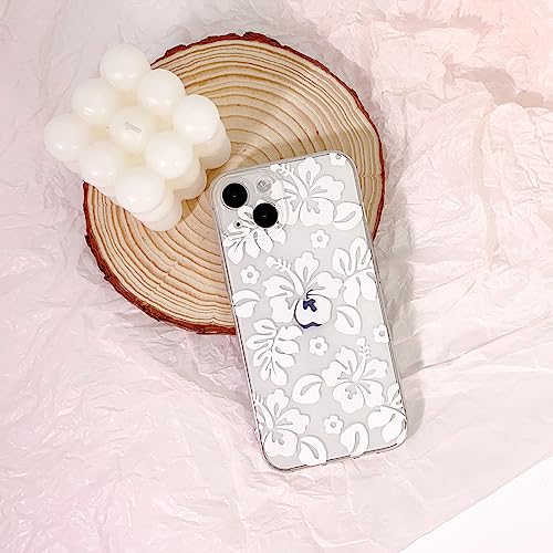 Lovmooful Compatible for iPhone 13 Case Cute Clear Hibiscus Flower Floral Aesthetic Printed Design for Girls Women Soft TPU Shockproof Protective Girly for iPhone 13-White