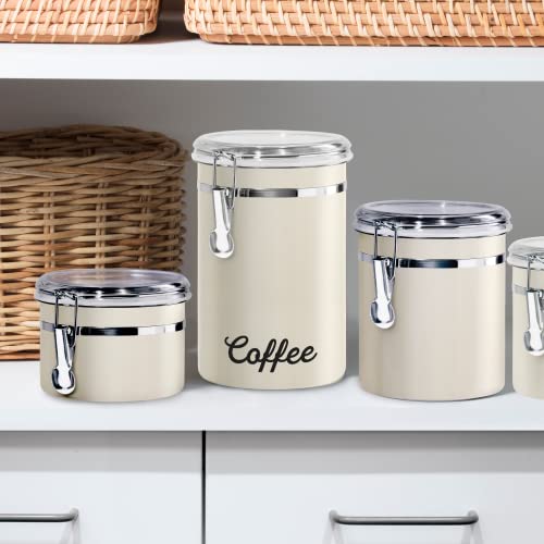 Oggi Stainless Steel Coffee Canister 62oz - Airtight Clamp Lid, Warm Gray, Tinted See-Thru Top - Ideal for Coffee Bean Storage, Ground Coffee Storage, Kitchen Storage, Pantry Storage. 5 x 7.5