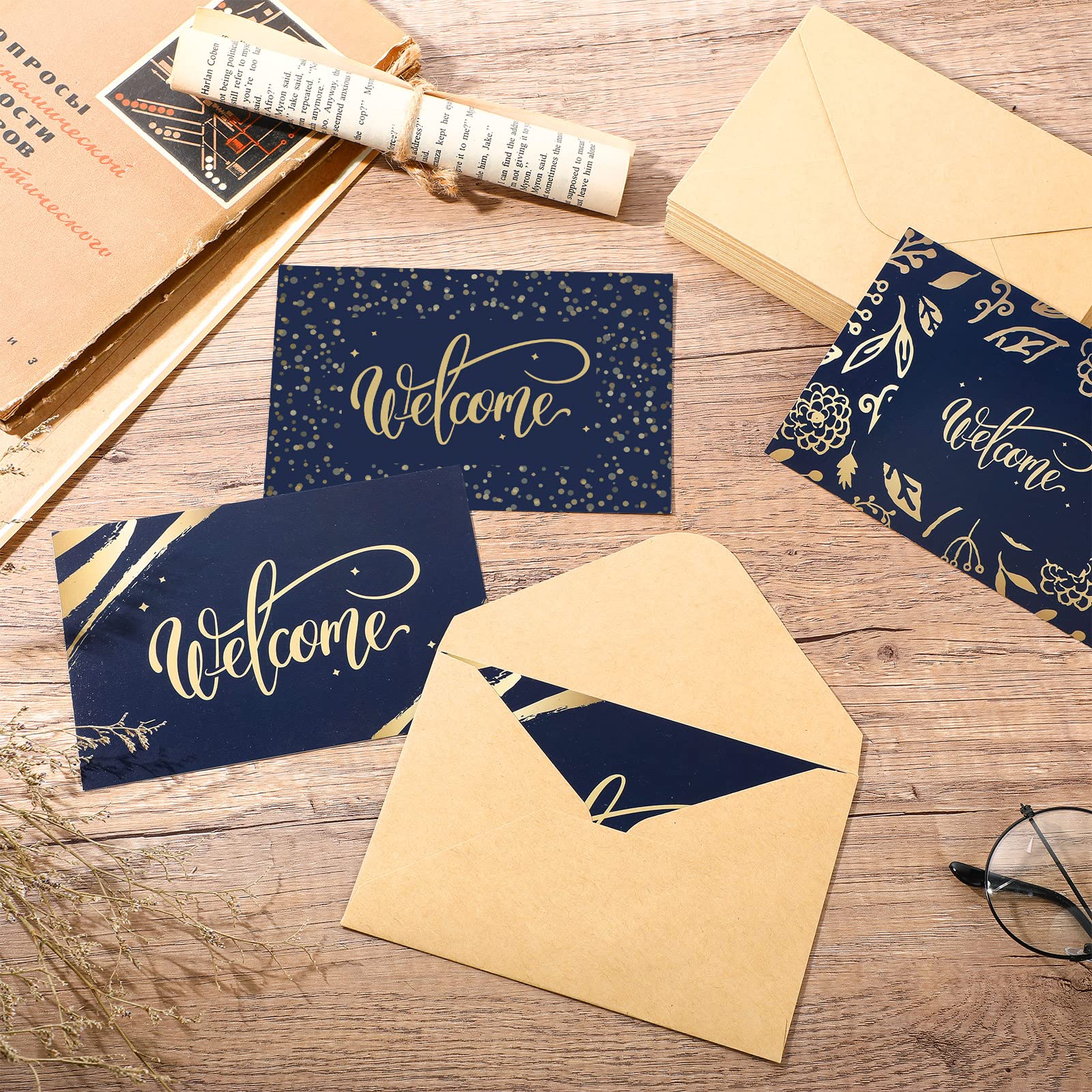 Fumete 72 Pcs Welcome Note Cards with Kraft Envelopes and Stickers, Assorted Designs, Ideal for Weddings, Christmas, Baby Showers
