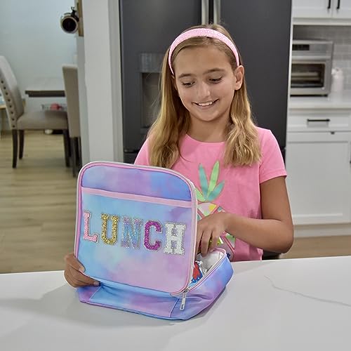 FROG SAC Kids Lunch Bag for Girls, Reusable Insulated Preppy Tie Dye Glitter Varsity Letter Patch Lunch Box, Cute Soft Back to School Tween Lunchbox