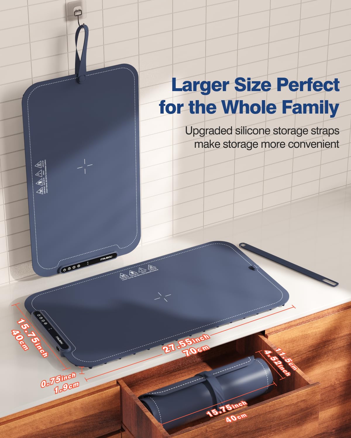 Electric Warming Tray, iTRUSOU Silicone Warming Mat for Food with 7 Temp-Settings, Switchable Celsius/Fahrenheit, 1-8Hr Auto Shut-Off, Upgrade Strap Keep Food Warm at Buffet, Party, Sabbath, Daily Use