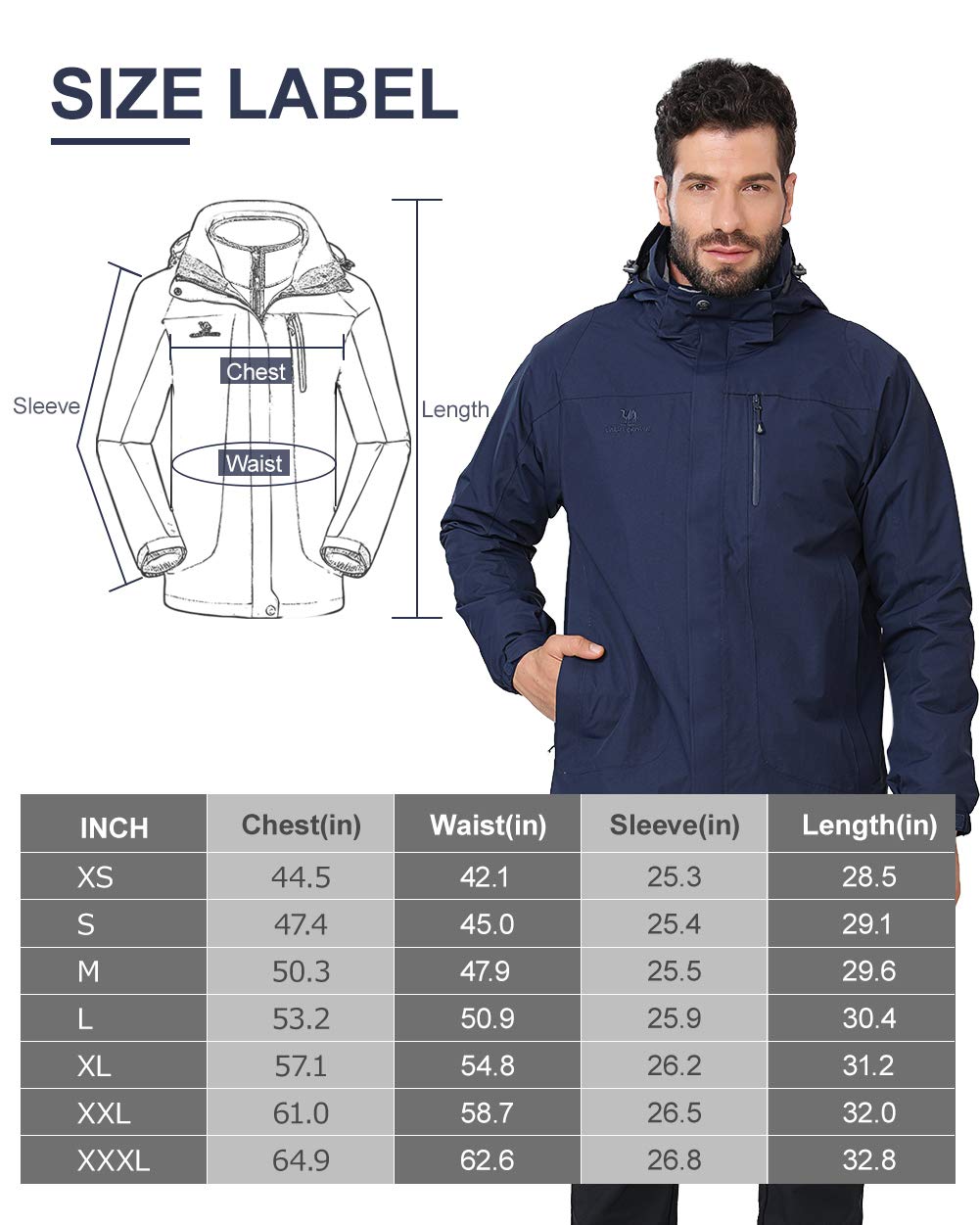 CAMEL CROWN Men’s Ski Jacket 3 in 1 Waterproof Winter Jacket Snow Jacket Windproof Hooded with Inner Warm Fleece Coat