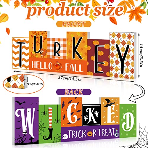 Purpeak Reversible Fall Wooden Table Sign Double Side Halloween and Thanksgiving Tabletop Sign Decor Wicked and Turkey Wood Block Fall Tiered Tray Decor for The Home Shelf Party Decor