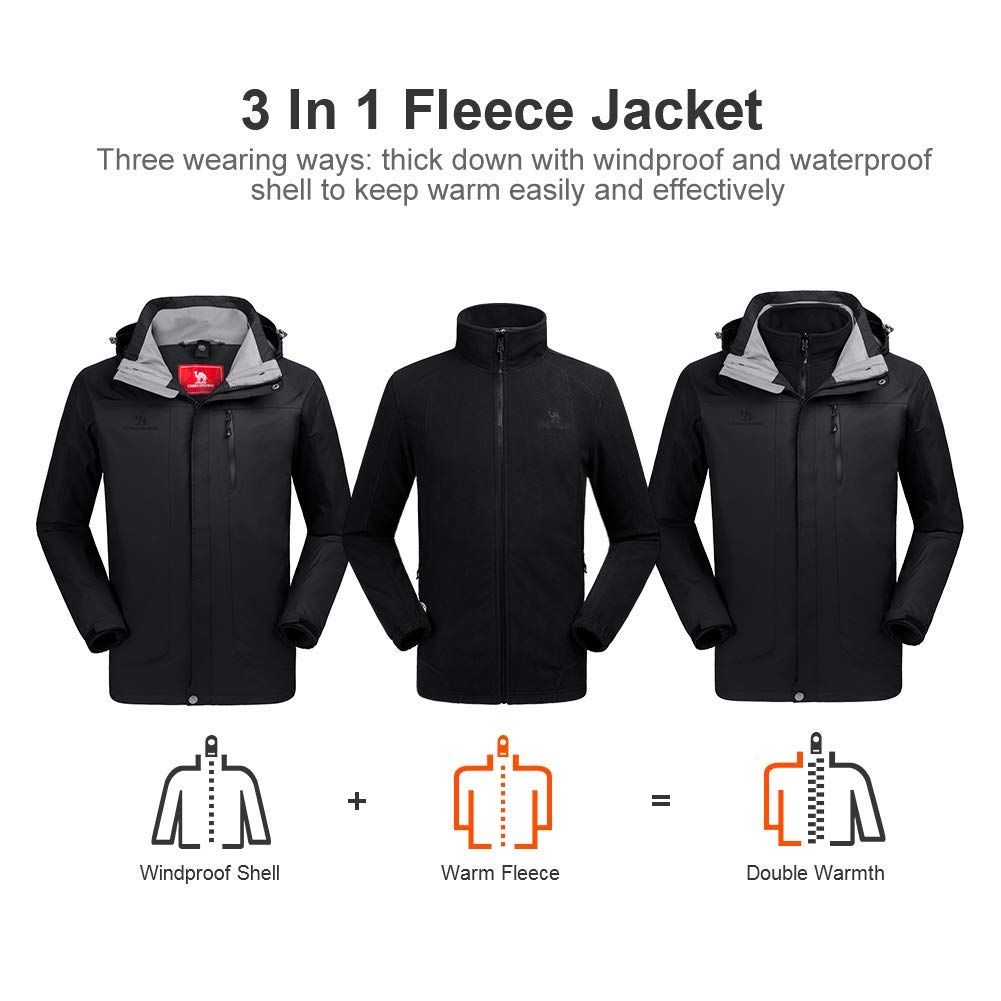 CAMEL CROWN Men’s Ski Jacket 3 in 1 Waterproof Winter Jacket Snow Jacket Windproof Hooded with Inner Warm Fleece Coat