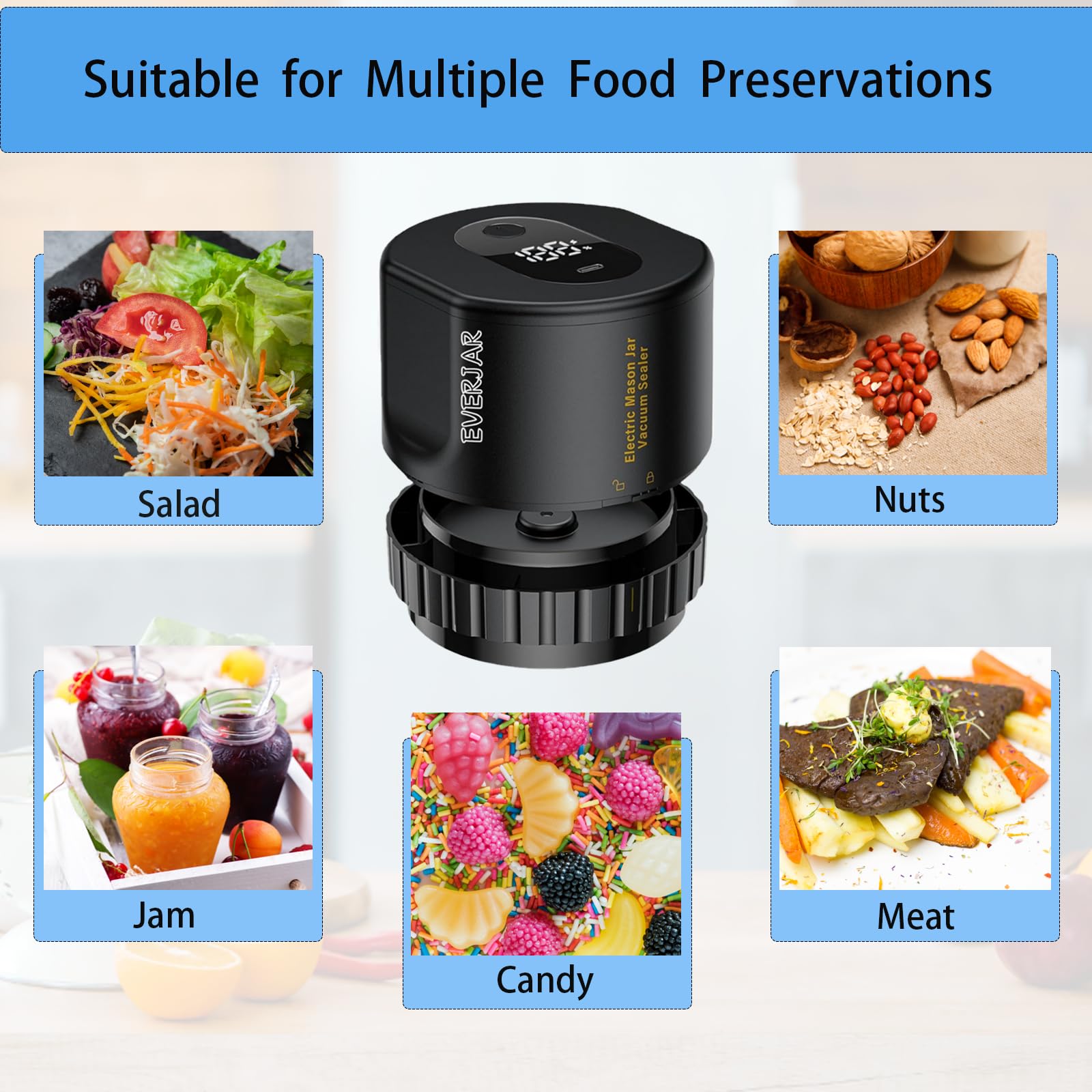 Generic Everjar - Mason Jar Vacuum 2 IN 1 Design Electric Mason Jar Vacuum Sealing Kit, Fully Automatic Suction Stop Food Storage Vacuum Sealer for Wide Mouth and Regular Mouth Mason Jars, Black