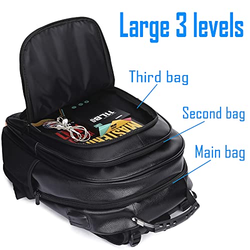 Laptop Backpack Waterproof Leather Backpacks with USB port fit 15.6" Laptops for Men and Women Travel Daypack Backpack Black (Shcool Backpack)