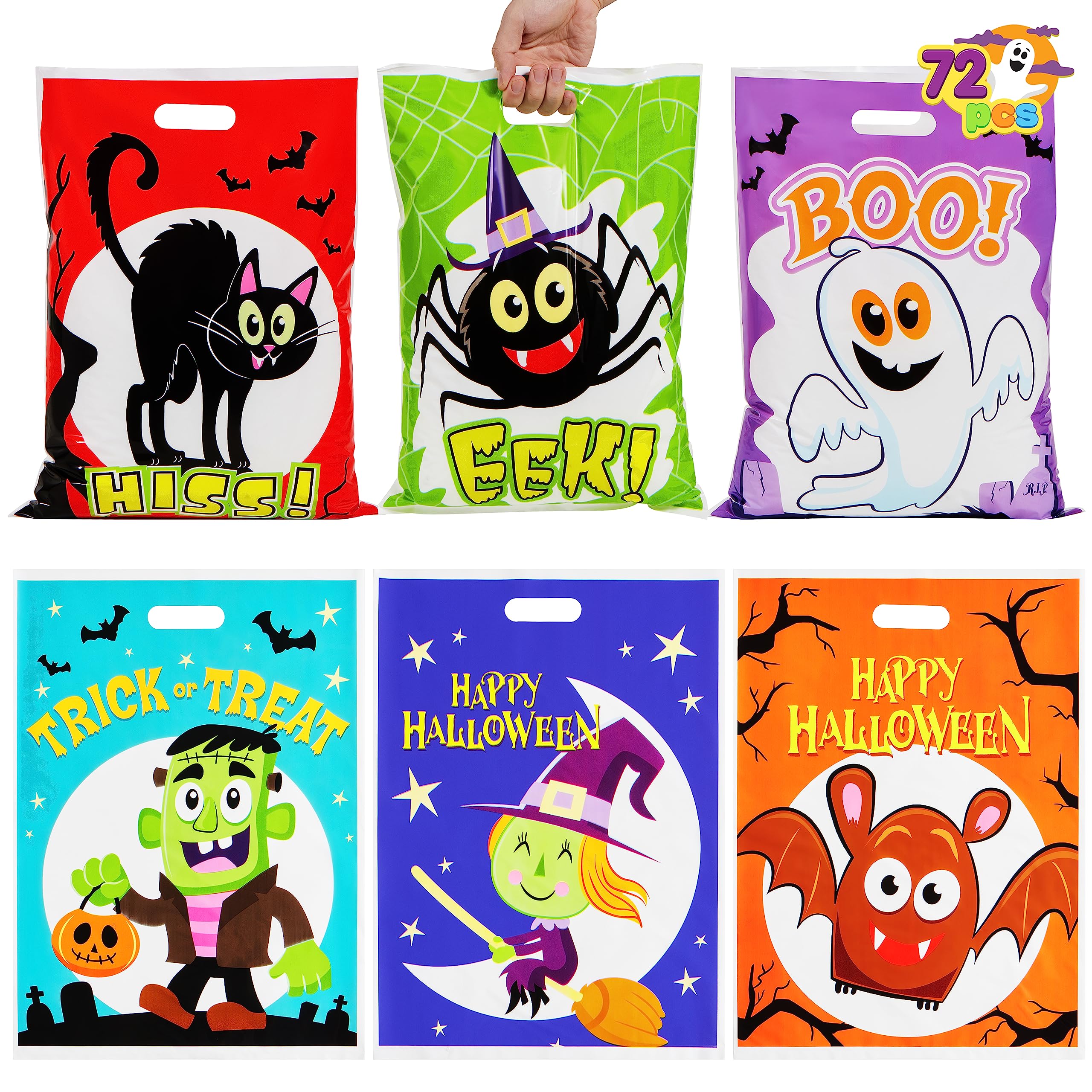 JOYIN 72 PCS Halloween Candy Bag for Trick or Treat, Halloween Treat Bags with 6 Designed Characters, Halloween Plastic Goodie Gift Bags for Party Favors Party Supplies