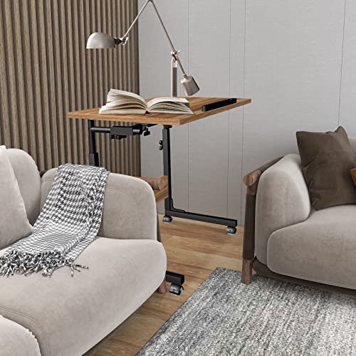 Laptop Cart 31.5" Mobile Table Movable Sofa Side Table with Tilt Tabletop Portable Tray Table for Home Office Height Adjustable Notebook Computer Workstation with Lockable Wheels (Oak)