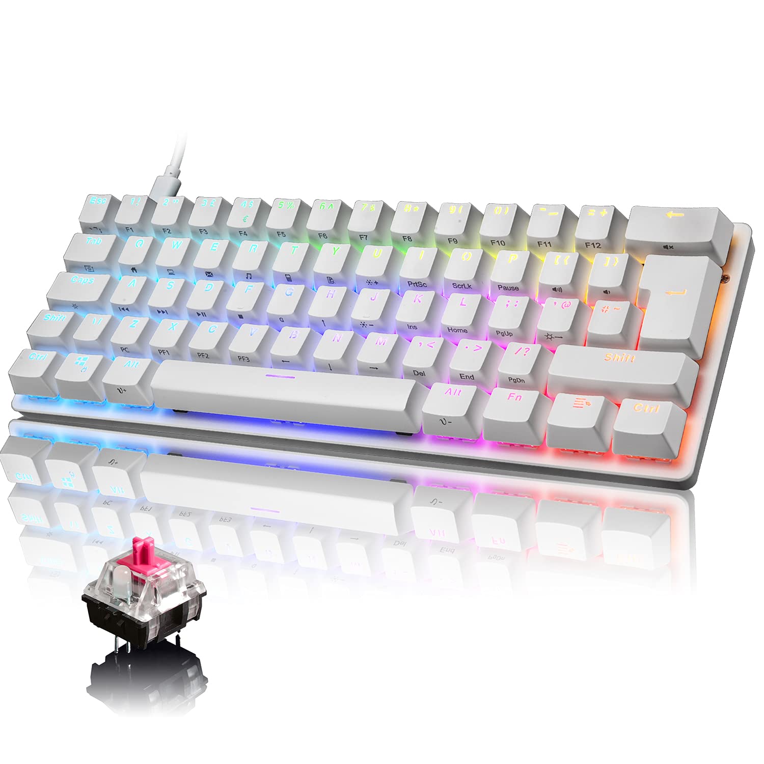Compact 60% Mechanical Gaming Keyboard with Ergonomic Anti-ghosting Mini 61 Key Layout Rainbow RGB Backlight Waterproof Metal Plate Type-C USB Wired for PC Mac Gamer Office Typist (White/Red Switch)