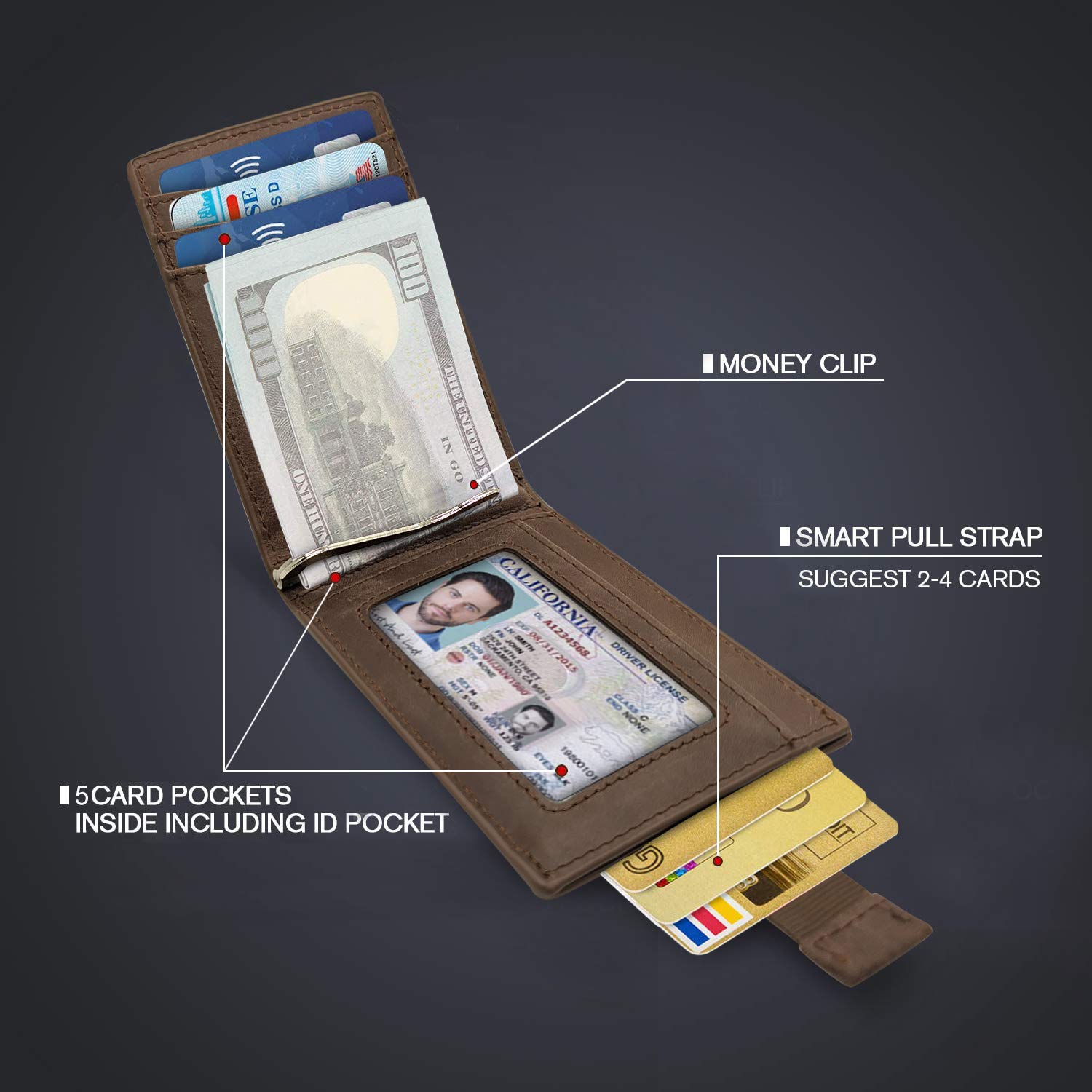 Bryker Hyde RFID Blocking Slim Minimalist ID Inside Front Pocket Wallet, Money Clip, 9 Slots, Leather (Texas Brown w/Pull Out Tab)