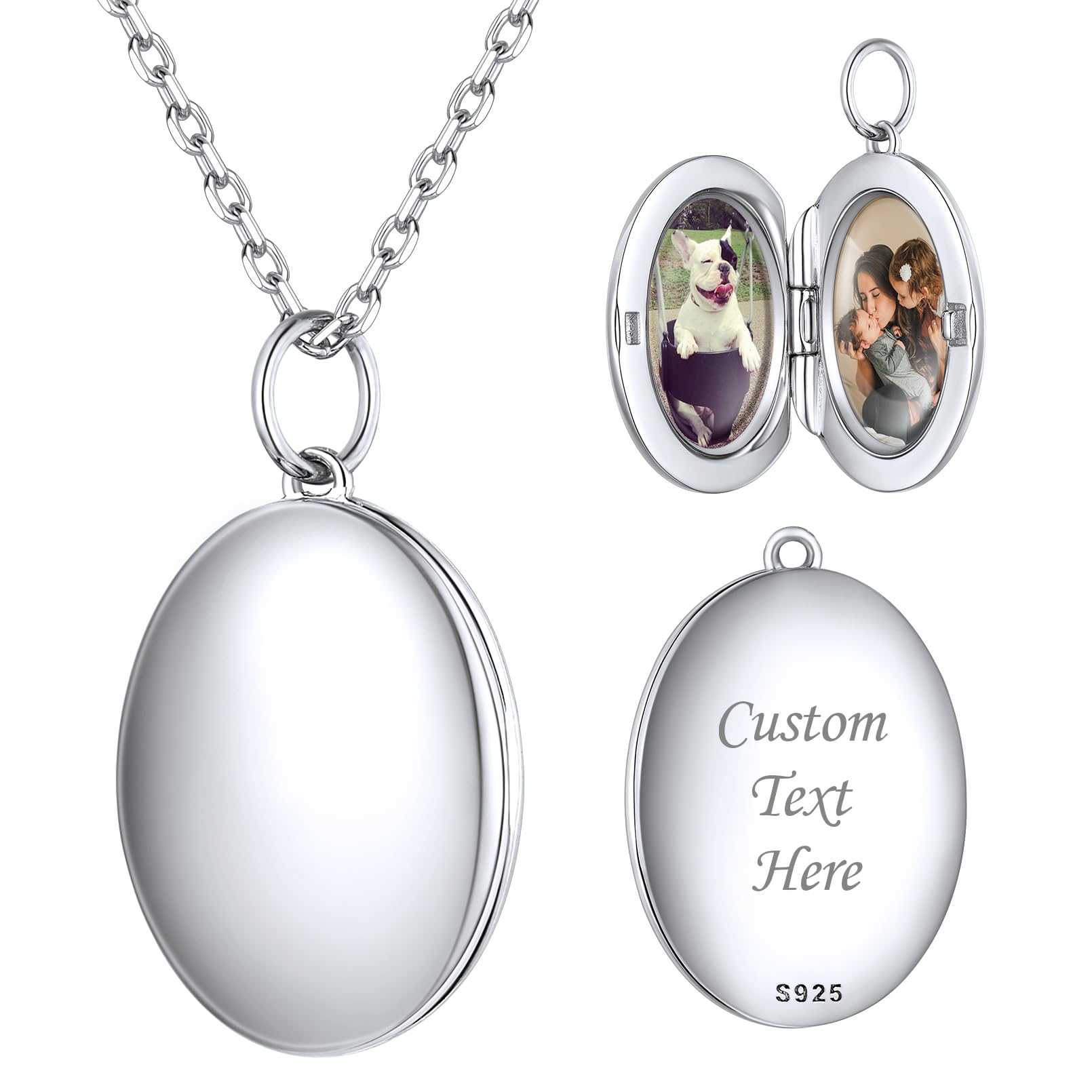 ChicSilver Personalized Oval Locket Necklace That Holds Pictures 925 Sterling Silver Custom Engraved Memory Photo Lockets 22 Inch Chain Custom Necklaces for Women