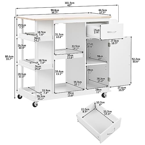 Kitchen Island Cart on Wheels with Storage Drawers, Multipurpose Kitchen Cart Cabinet with Side Storage Shelves and Wine Rack Kitchen Island with Rubber Wood Top for Dining Room, Home, Bar, White