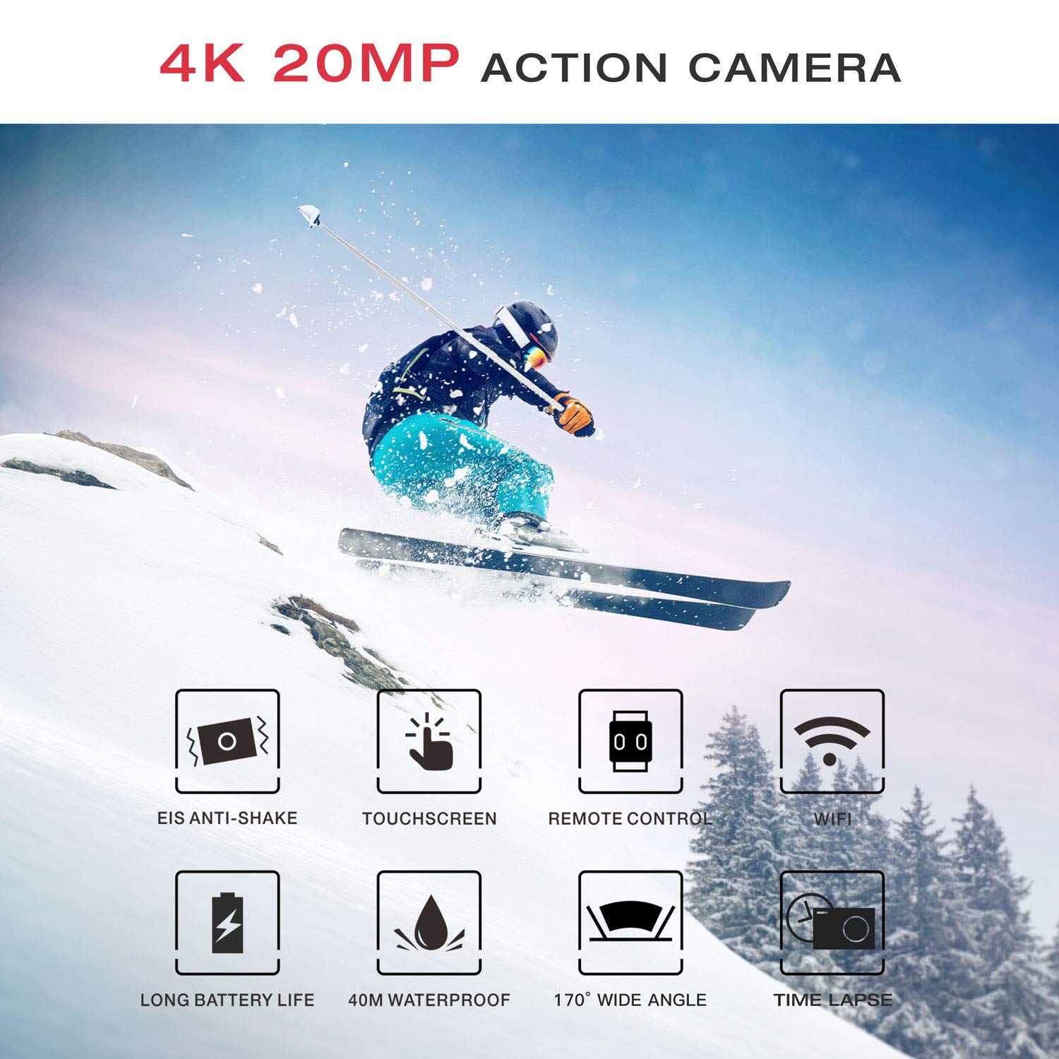 CAMWORLD 4K Action Camera, 20MP WiFi Waterproof Camera, EIS Touch Screen Sports Camera, PC Webcam, 170Deg Wide Angle 40M Underwater Camcorder with Remote Control, 2 Batteries and Accessories