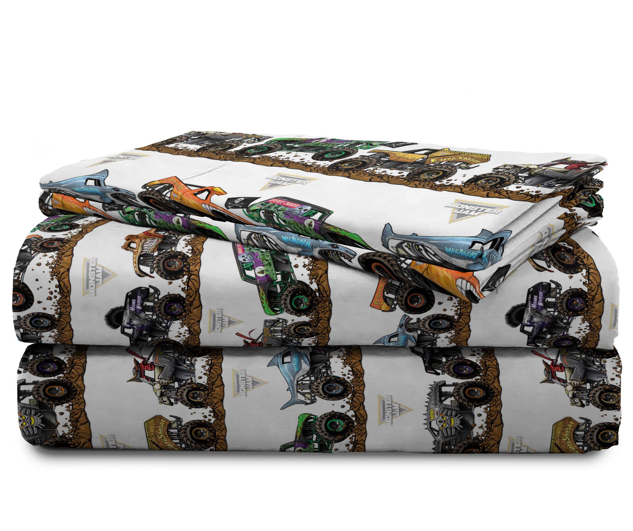 Jay Franco Monster Jam Tracks Twin Sheet Set - 3 Piece Set Super Soft and Cozy Kid’s Bedding Features Grave Digger & Megalodon - Fade Resistant Microfiber Sheets