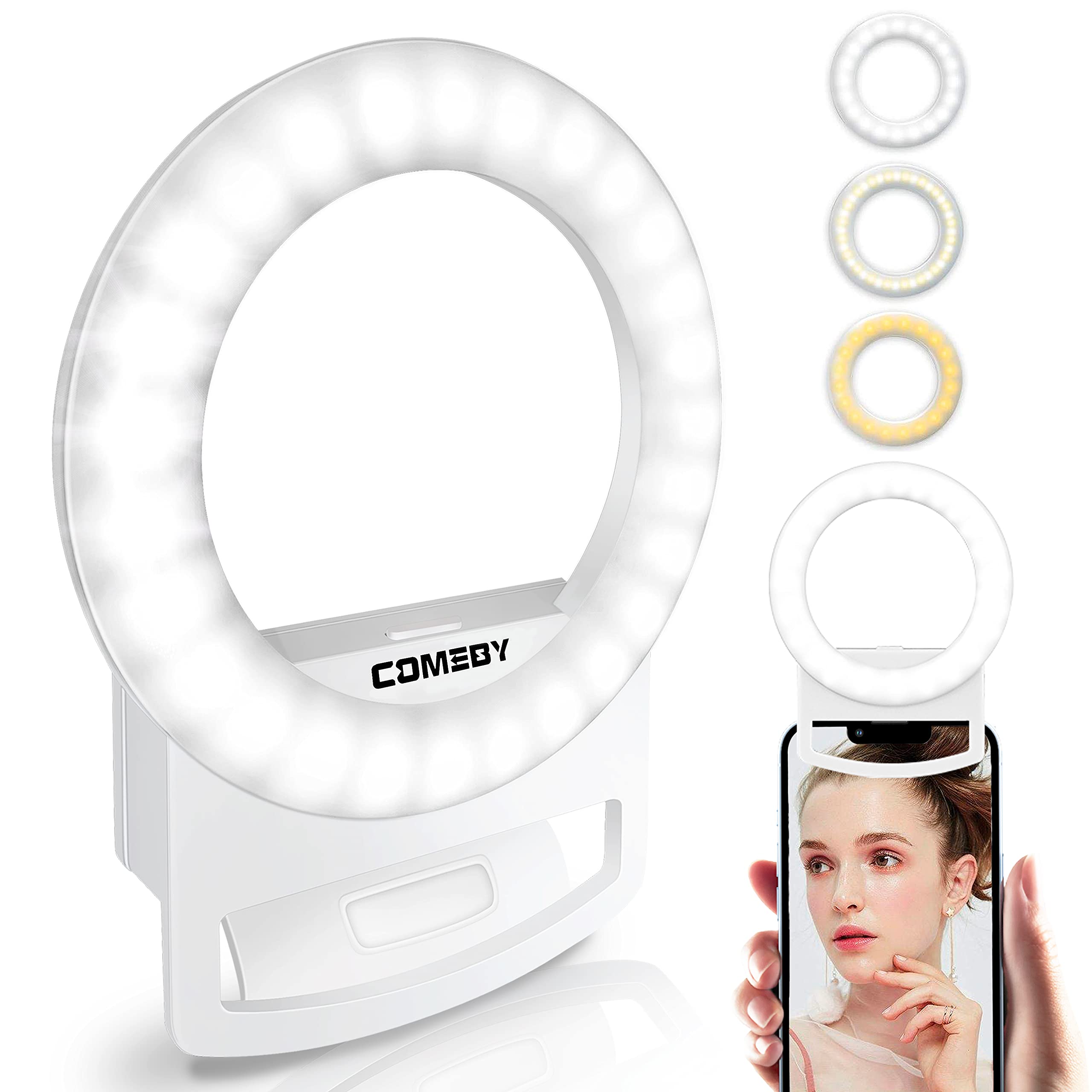 COMEBY Selfie Ring Light, Portable Ring Light with 3 Light Modes, Rechargeable Clip-on Video Conference Light, for Mobile, Laptop, Zoom Meeting, Makeup, TIK Tok