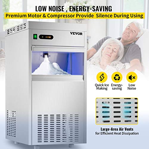 VEVOR 110V Commercial Snowflake Ice Maker 132LBS/24H, ETL Approved Food Grade Stainless Steel Flake Ice Machine Freestanding Flake Ice Maker for Seafood Restaurant, Water Filter and Spoon Included