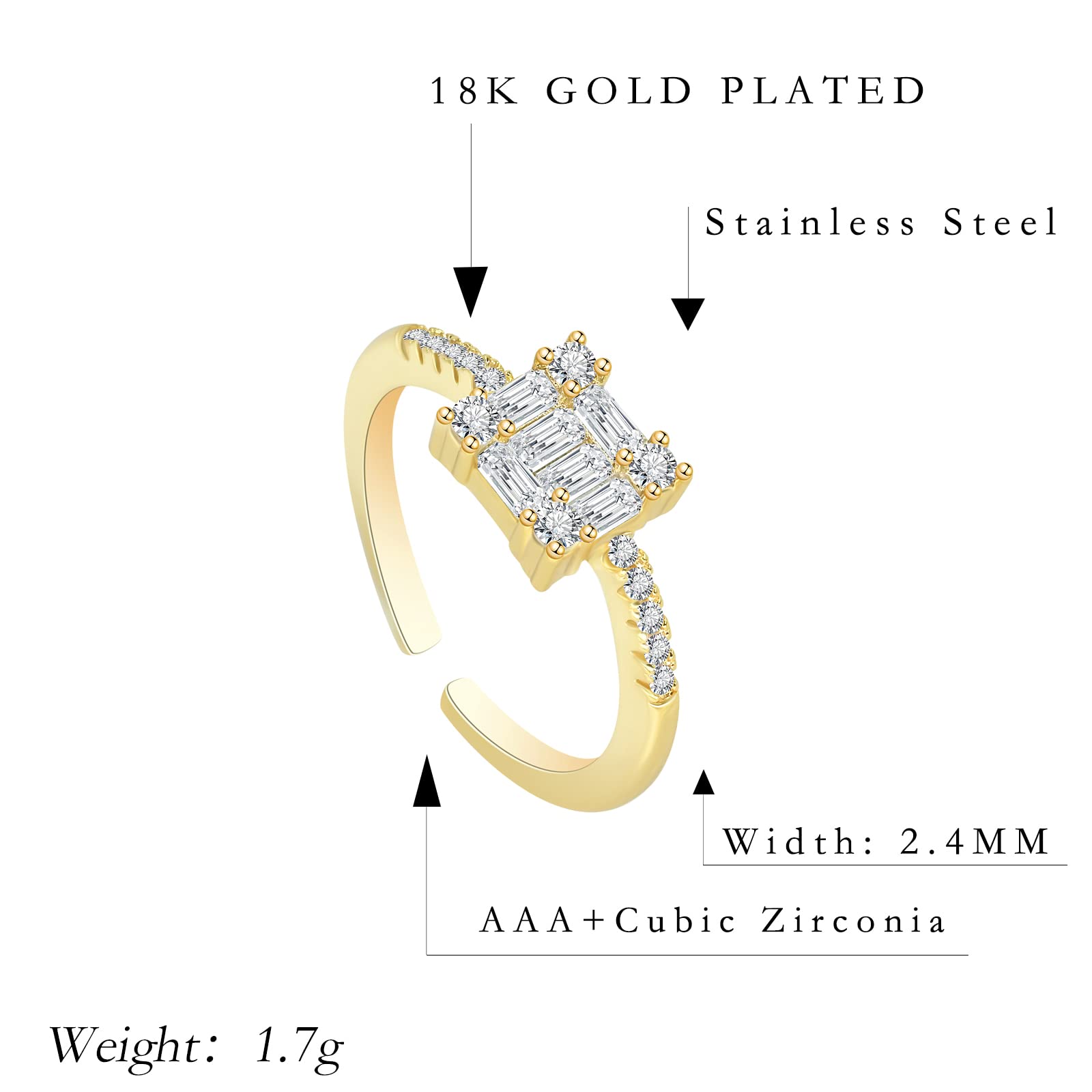 BZEBI 3 Row 6mm Wide Adjustable Eternity Band 18K Gold Plated Cubic Zirconia Engagement Wedding Band Ring For Women Girl Stackable Ring Jewelry Gift