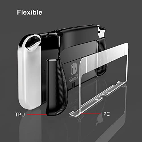 Compatible with Nintendo Switch OLED Model Case, TPU Grip Cover with 2 Game Accessories Holder, Soft PC Back Cutout for Kickstand, Shockproof Dockable Protective Case for New Switch OLED 2021, Black