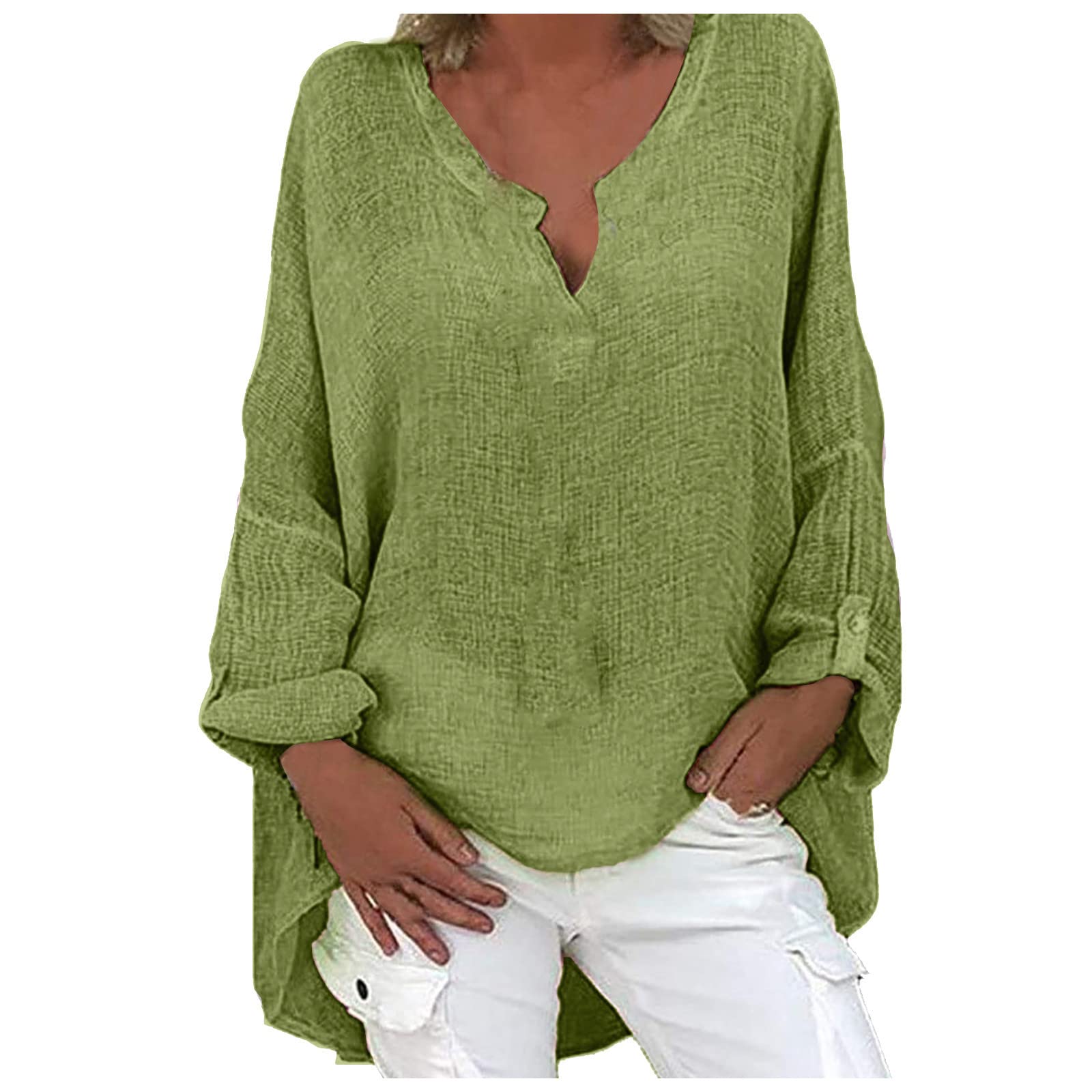 Camiseta Manga Larga Color LISO para Mujer túnica ocio Blusa cómoda Cuello en V Camiseta sin Mangas algodón y lino,Green,X-Large