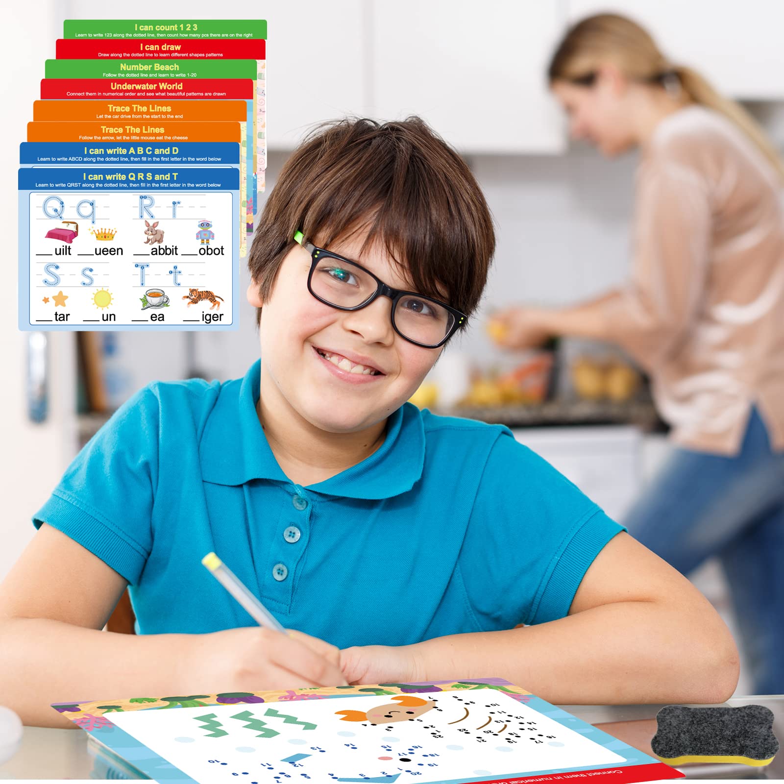 Preschool Learning Activities Educational Games, Busy Book-Learn Alphabet Number Line Tracing Drawing with 16 Activity Mats 4 Markers Montessori Toys For Toddlers Homeschool Supply Ideal Gift For Kids
