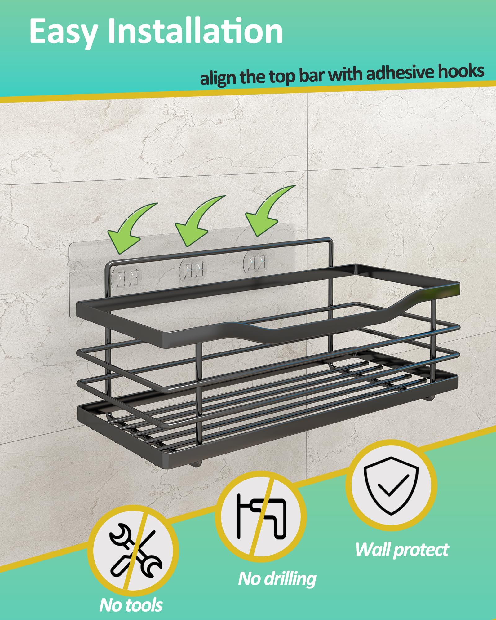 BOROY Bathroom Organizer, 4 Pack No Drilling Shower Caddy with Hooks, Wall Mout Rustproof Stainless Steel Storage Basket for Shower Room, Dorm and Kitchen