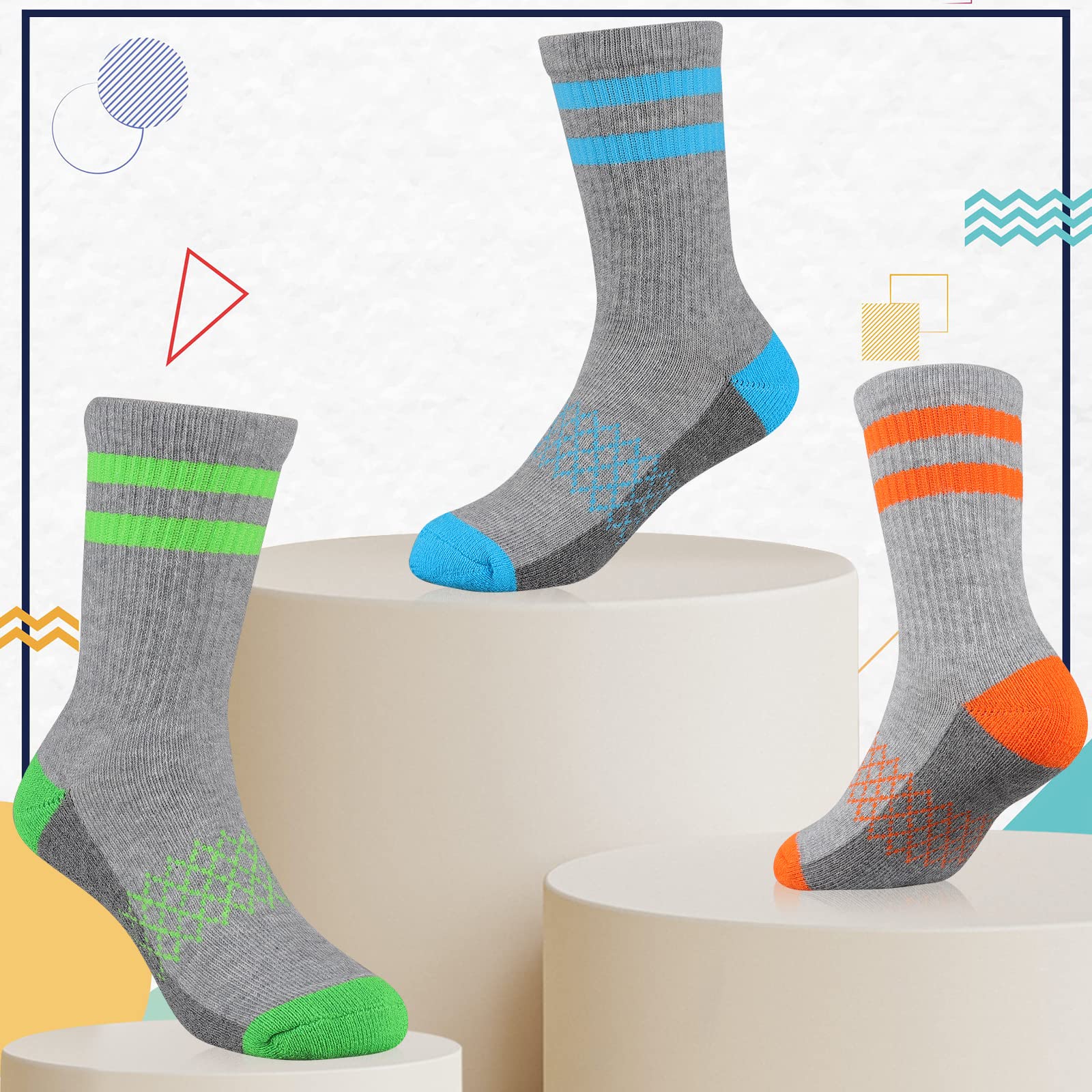 Comfoex Boys Crew Socks 8-10 6-8 4-6 Years Old Athletic Long Cotton Socks For Kids Half Cushioned Calf Socks 6 Pairs