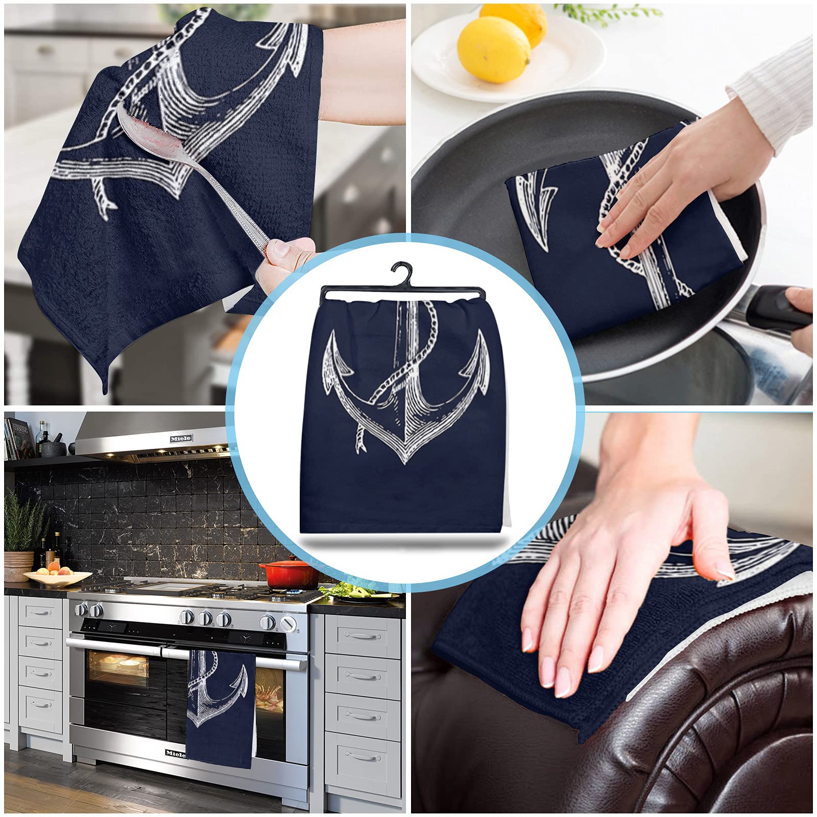 Chucoco Kitchen Towel Absorbent Dish Towels Simple Sketch Wooden Anchor 1 Pack Soft Reusable Hand Towel Washing Cloths, Quick Drying Hanging Terry for Home Cleaning Nautical Theme Navy Blue Back