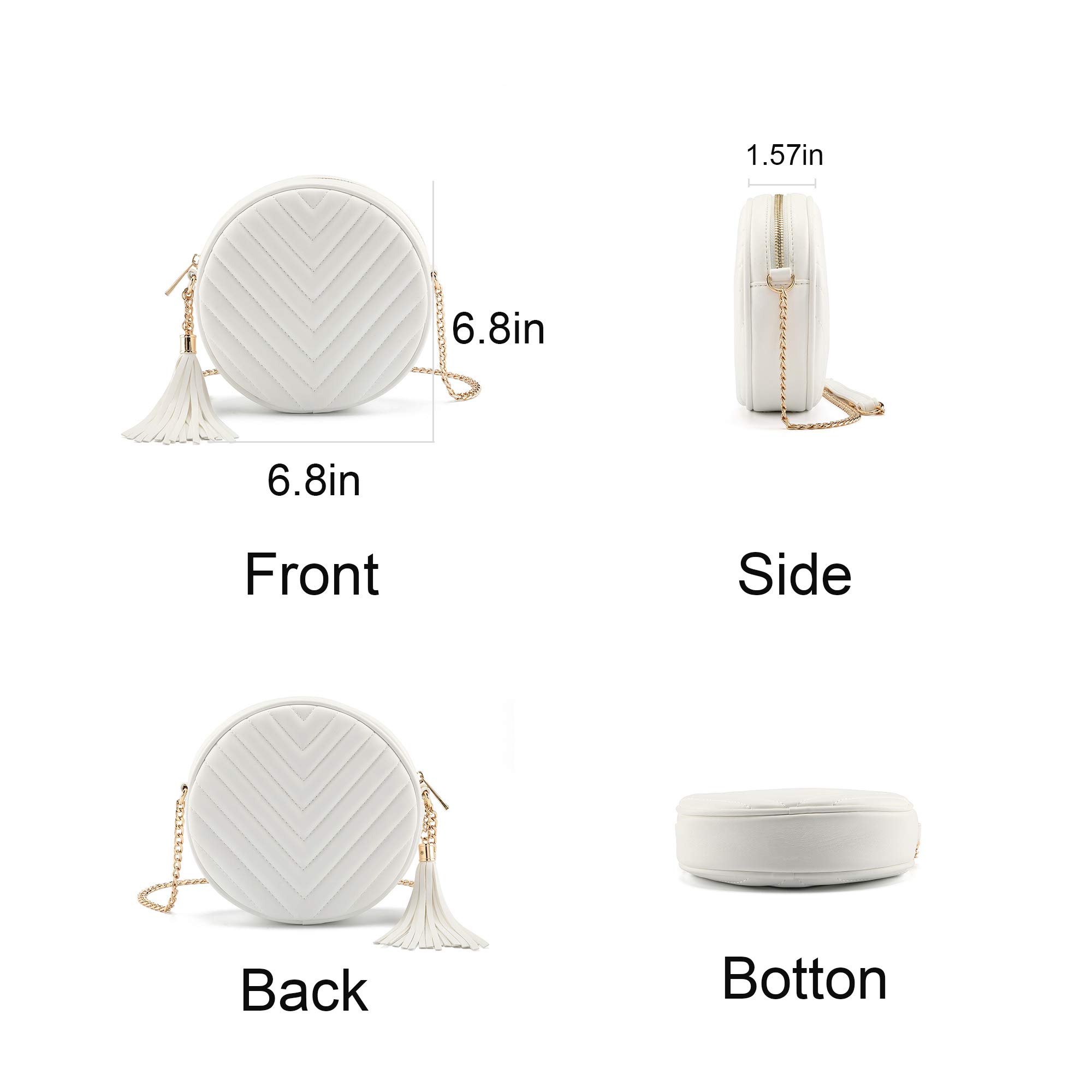 CHIC DIARY Small Crossbody Bags for Women Round Quilted Purse with Tassel Faxu Leather Shoulder bag (White)