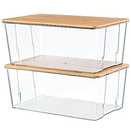 Qilinba 2 Pcs Bamboo Storage Box with Lids, Acrylic Storage Container with External Handles for Organizing Chips, Snacks, Coffee Pod, Laundry Pods, Crafts