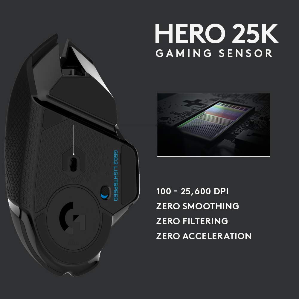 Logitech G502 Lightspeed Wireless Gaming Mouse with Hero 16K Sensor, PowerPlay Compatible, Tunable Weights and Lightsync RGB - Black (Renewed)