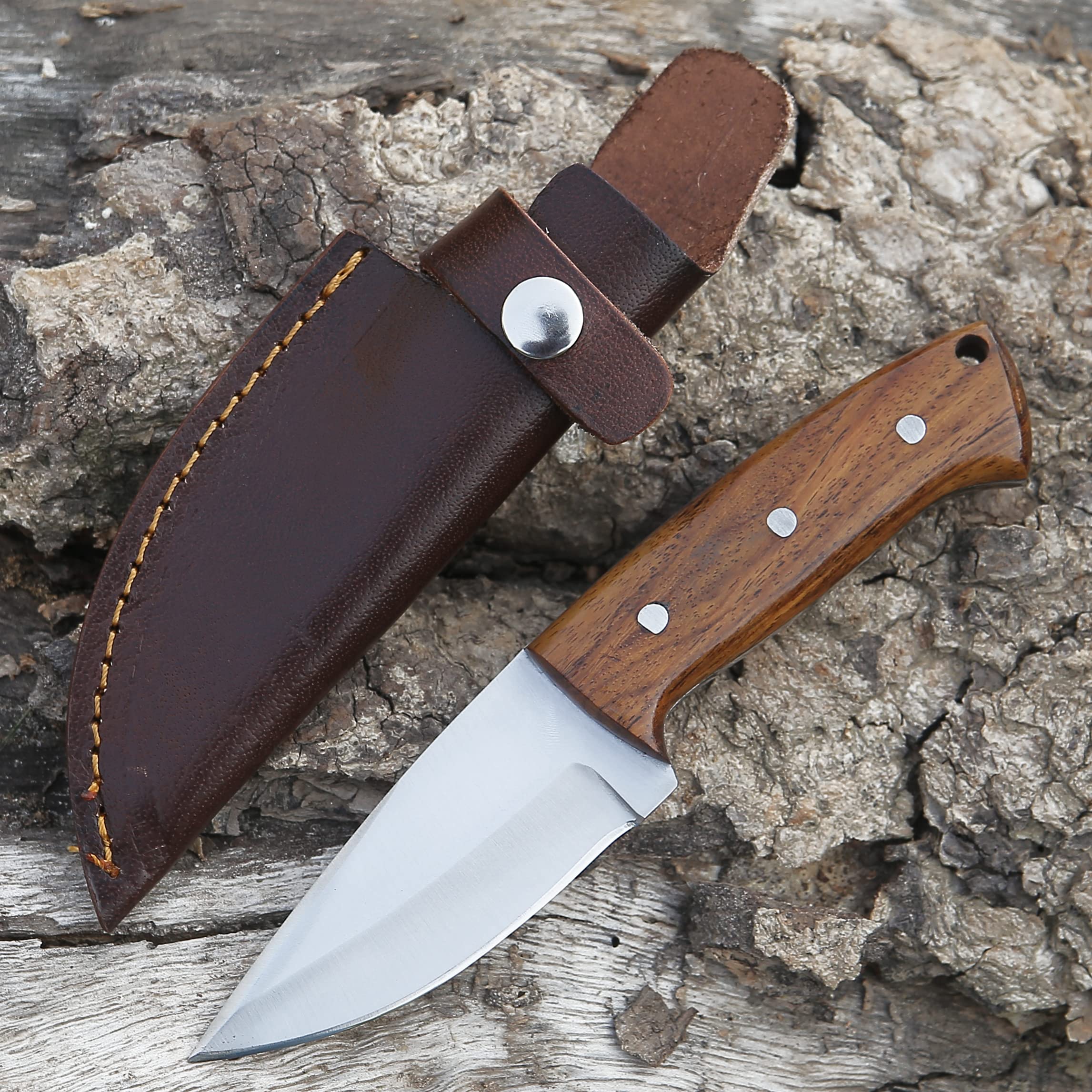 Carbon Steel Hunting - 8" Full TangBlade Wood Handle Skinner Knife With Oxford Leather Sheath - Tactical Survival Military Knife