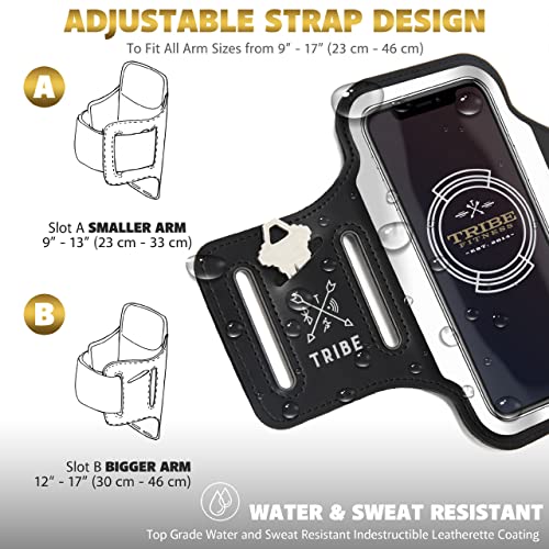 TRIBE Running Phone Holder Armband. iPhone & Galaxy Cell Phone Sports Arm Bands for Women, Men, Runners, Jogging, Walking, Exercise & Gym Workout. Fits All Smartphones. Adjustable Strap, CC/Key Pocket