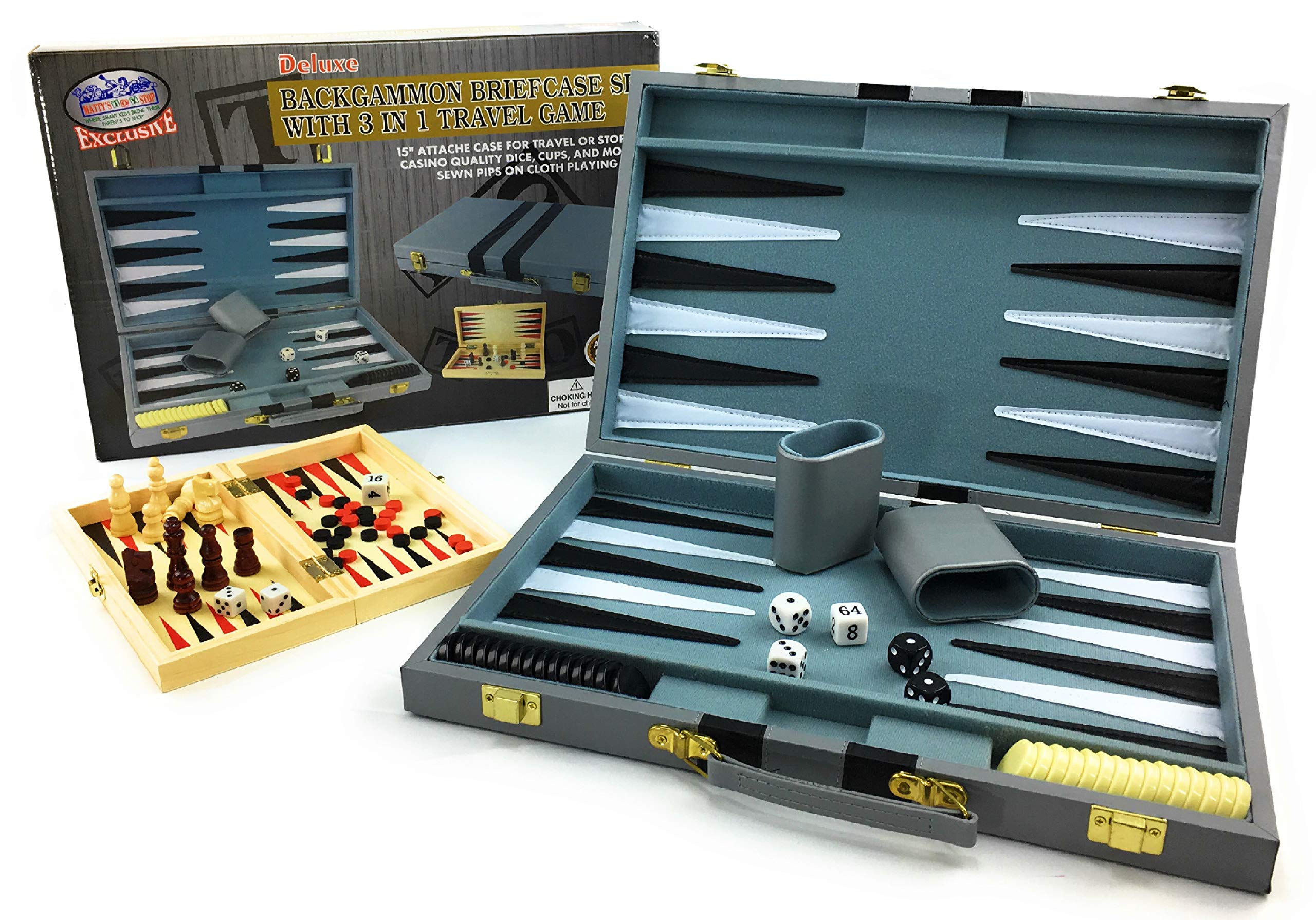 Matty's Toy Stop Deluxe 15" Backgammon Briefcase (Vinyl Gray Attache) with 3-in-1 Chess, Checkers & Backgammon Wooden Travel Games Set (8")