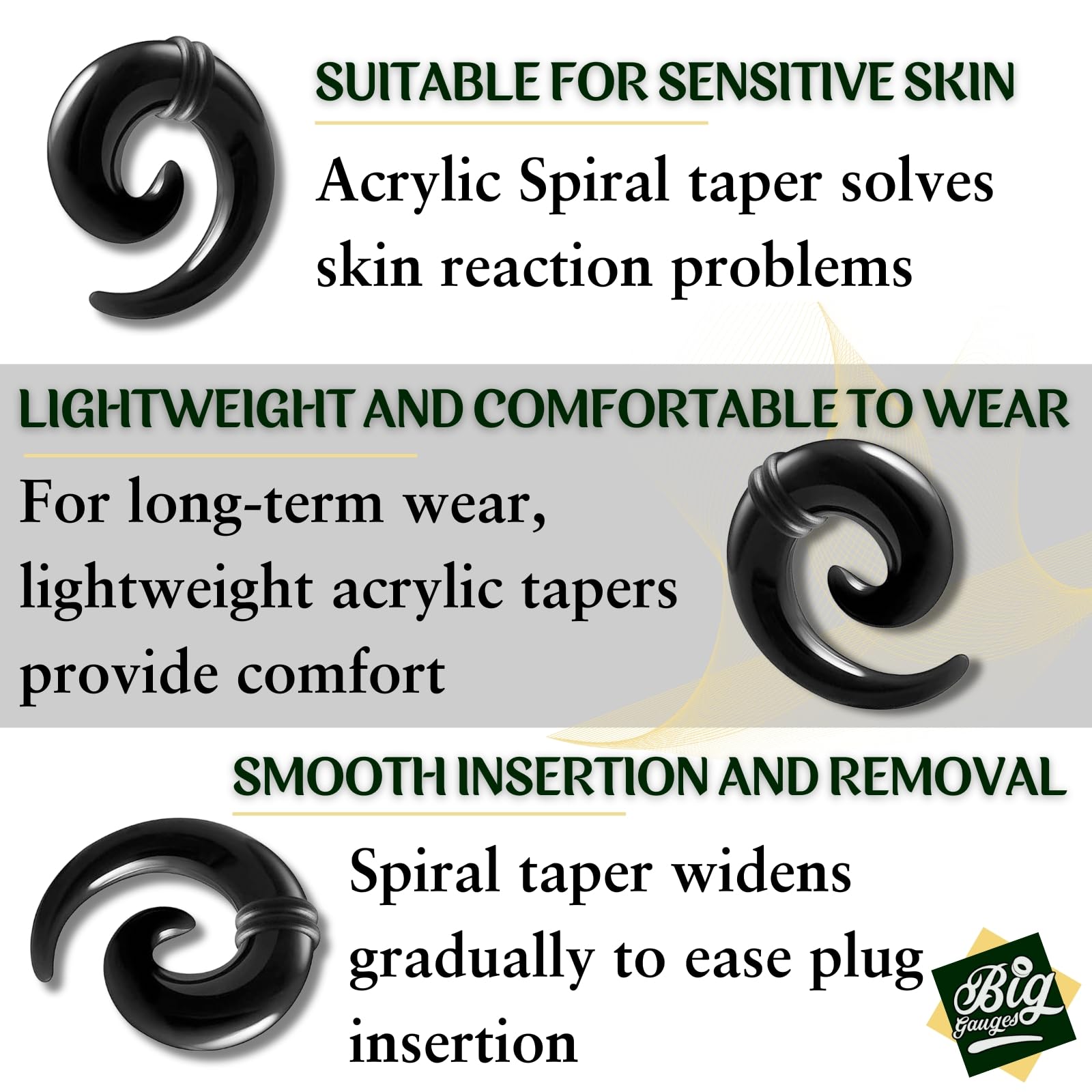 BIG GAUGES Pair of Black Acrylic Solid Spiral Coil Taper O-rings Piercing Jewelry Ear Plug Stretching Expander Earring (A002.3:Acrylic, 00 g 10 mm (2pcs))