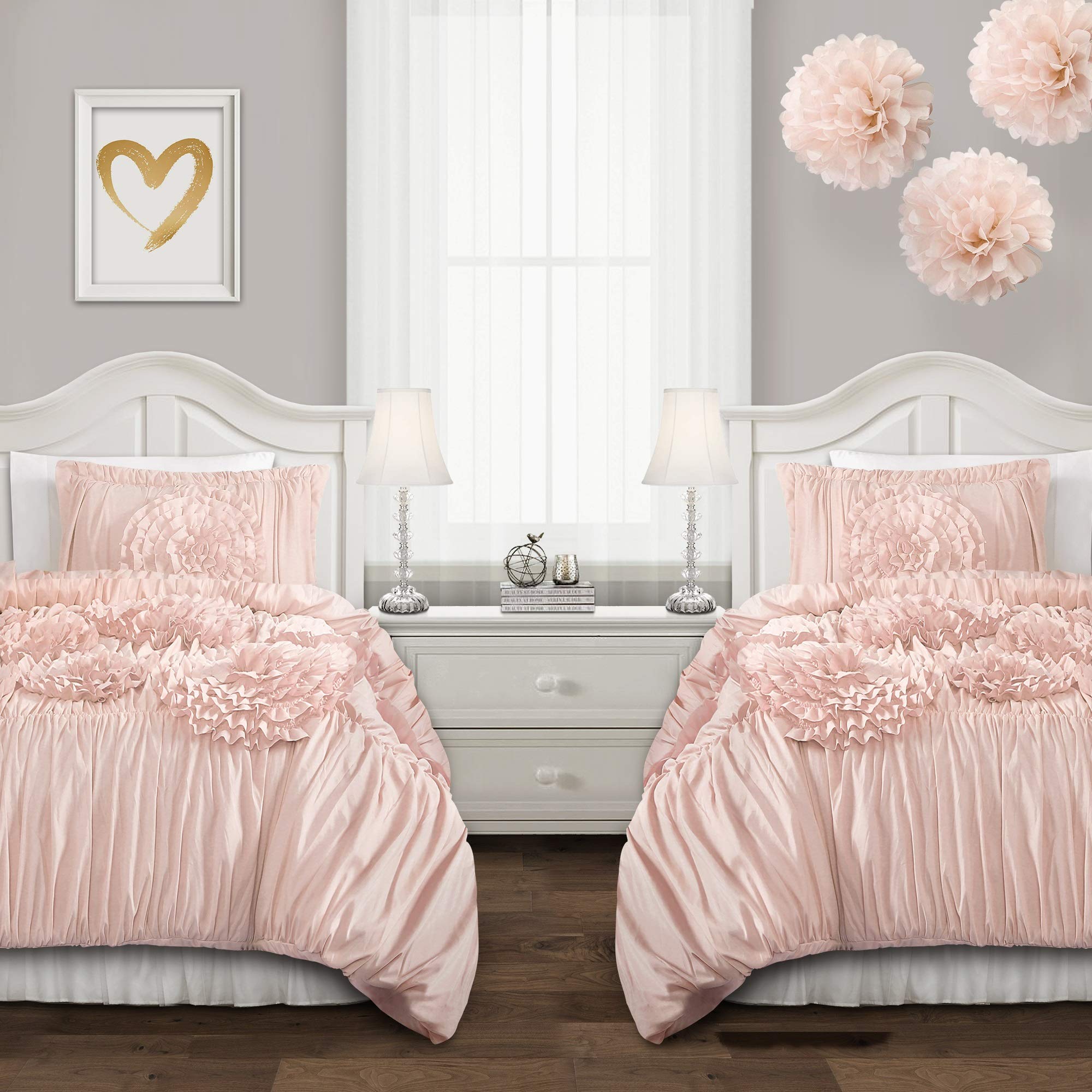 Lush Decor Serena Comforter Set, 2 Piece Set, Twin XL, Blush - Ruched Ruffled Flower Design - Ruffle Bedding Set For Teen Or Dorm Room - Vintage Glam & Farmhouse Bedroom Decor