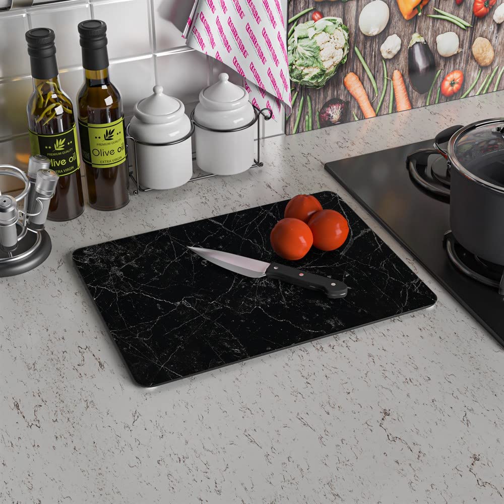 DESTALYA Cutting Board Tempered Glass 11.8ββ x 15.7ββ | Heat Tolerant Shatter Resistant Chopping Board | Black Marble Pattern Decorative Tray for Kitchen (Black L)
