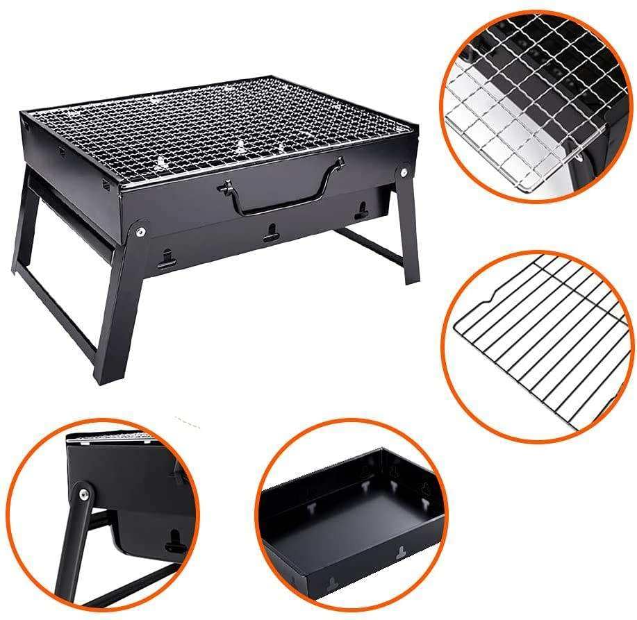 HOSEMN 2023 NEW Portable Folding Charcoal Grills, Stainless Steel Grill Table, Easy Portability For for Outdoor Cooking, Barbecue Camping, Beach BBQ, Picnic Backyard - Black (17"x11.4"x9.4")