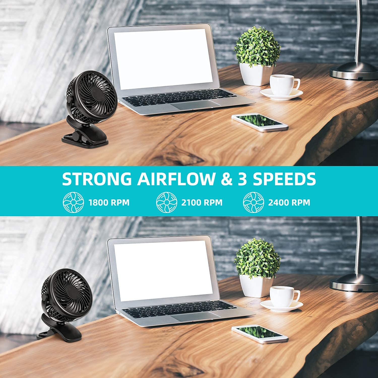 RJVW Stroller Clip On Fan, 3 Speed Rechargeable Battery Powerd USB Desk Fan, 4 Inch Table Cooling Fan, 360° Rotate Desktop Fan, Strong Wind Portable Fan for Home Office Treadmill Baby Stroller