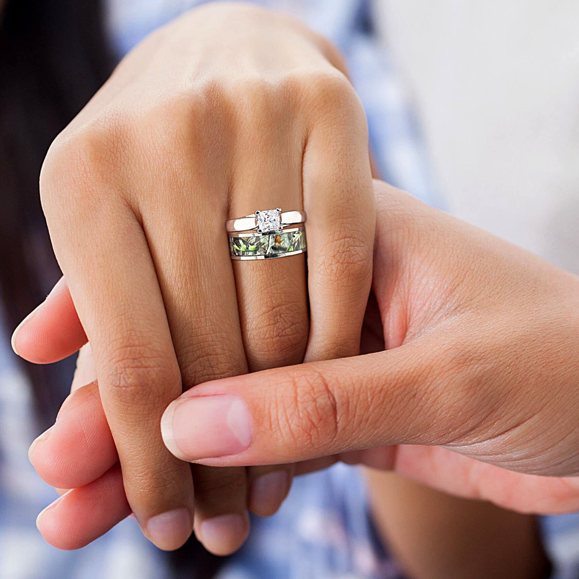 Camo Wedding Rings Set His and Hers 3 Rings Set, Stainless Steel and Titanium (Size His 08, Hers 09)
