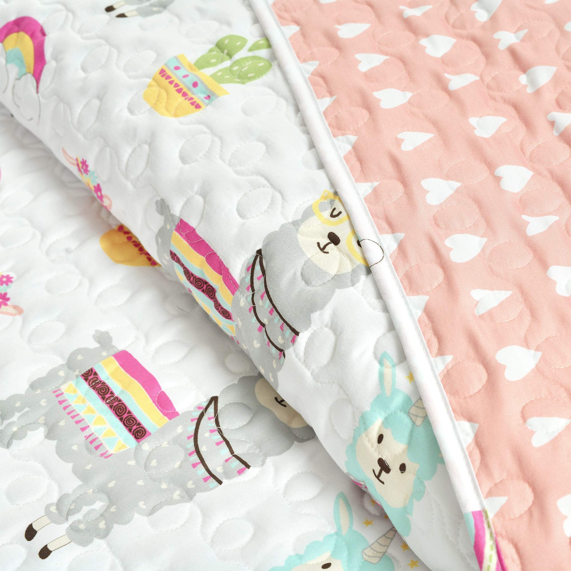 Lush Decor Southwest Llama Cactus Quilt, 3 Piece Set, Twin, White & Blush - Cute Kids Reversible Print Toddler Bedding Set