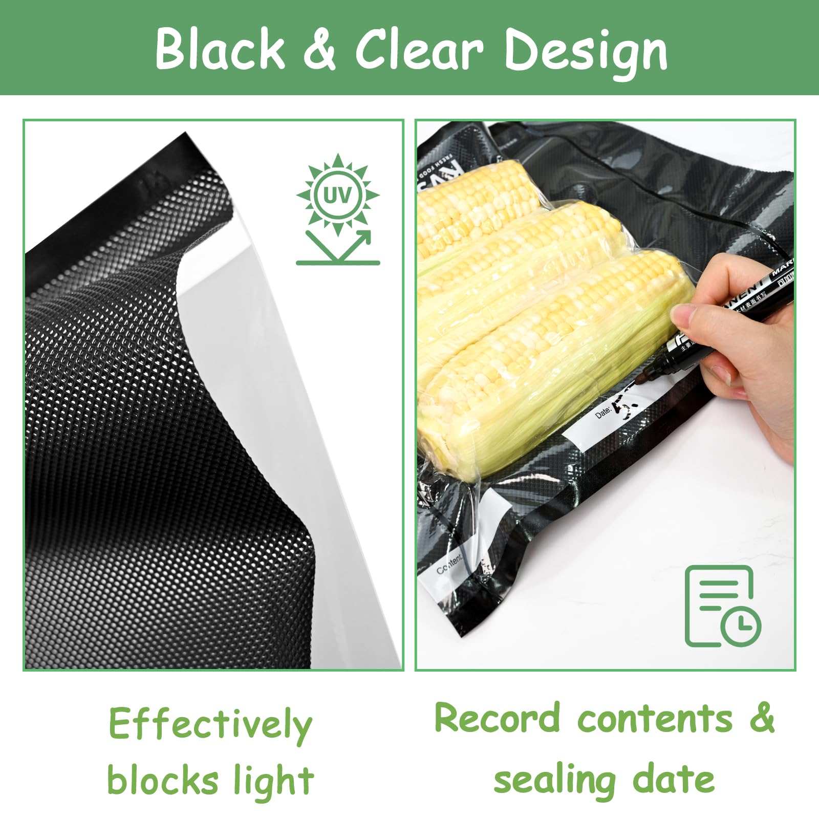 KVSK Black Clear Vacuum Seal Rolls Bags - 11" x 16.4 ' 3 Pack, 3.6mil+10mil Thickened Commercial Grade Roll For Food Storage, BPA Free & Prevent Freezer Burns