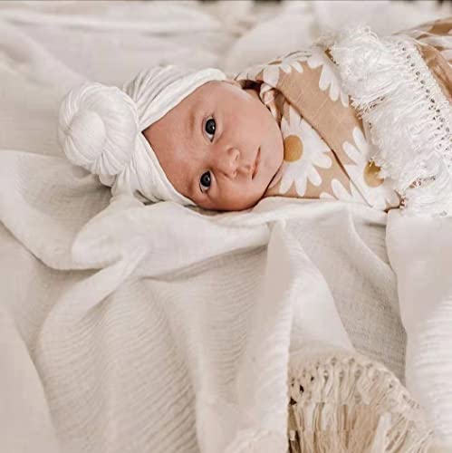 CHUNGEL Cotton Muslin Baby Blanket with Tassel,Large 47" x 47" Baby Receiving Blanket with Fringe, Boho Muslin Swaddle Blanket with Fringe, Nursery Decor Throw or Nursing Fringed Blankets (White)