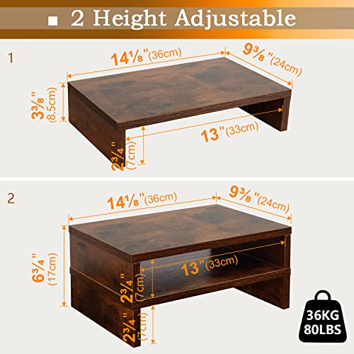 TEAMIX Monitor Stand Riser-2 Pack, Rustic Brown Wood Adjustable Monitor Stand Dual Monitor Riser for 2 Monitors/Laptop/PC Computer Stand for Desk