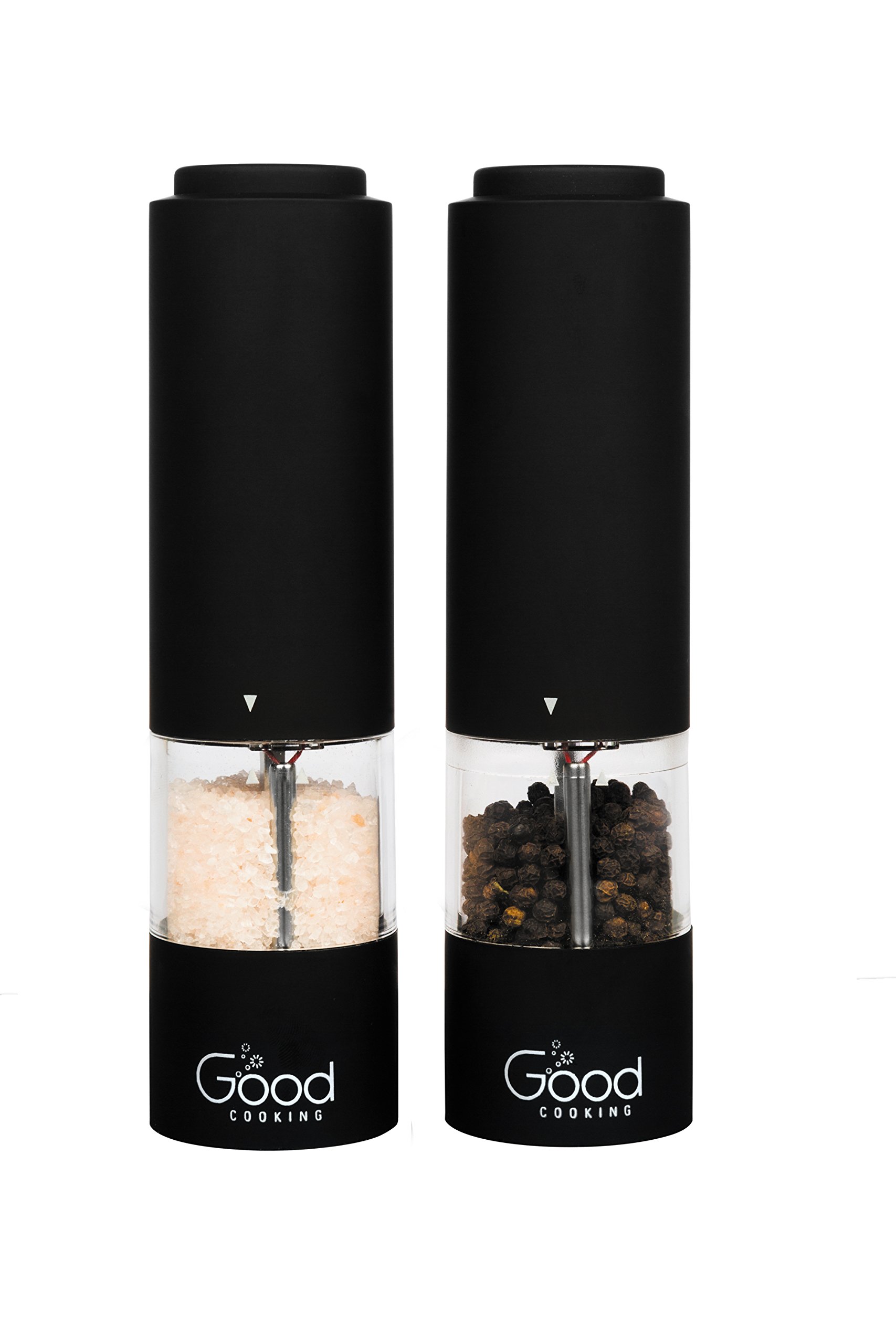 Electric Pepper Grinder and Salt Mill (2 Pack)- Battery Operated One-Handed Spice Dispenser w LED Light & Adjustable Coarseness- Matte Black, Batteries Included