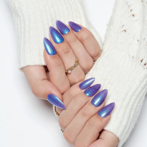 GLAMERMAID Jelly Press on Nails Almond- Handmade Gel Nails Series | Blue Glitter Galaxy Fake Nails Medium Short Length Shimmer Acrylic False Nail Kits Stick Glue on Nails Sets Reusable Full Cover for Women Girls Gift, 24Pcs