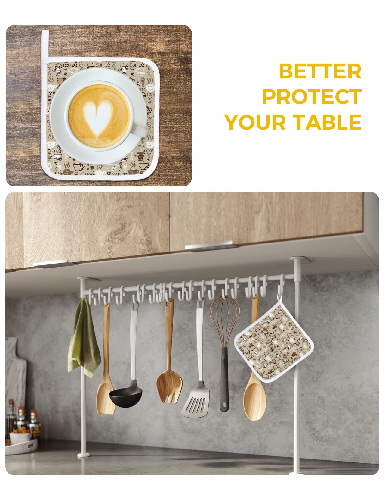 Coffee Theme Pot Holders for Kitchen Heat Insulation, Vintage Khaki Coffee Time Coffee Beans Potholders Hot Pads with Hanging Loop, Washable Oven Mitts Pot Holder Trivet for Cooking Baking 4 Pack