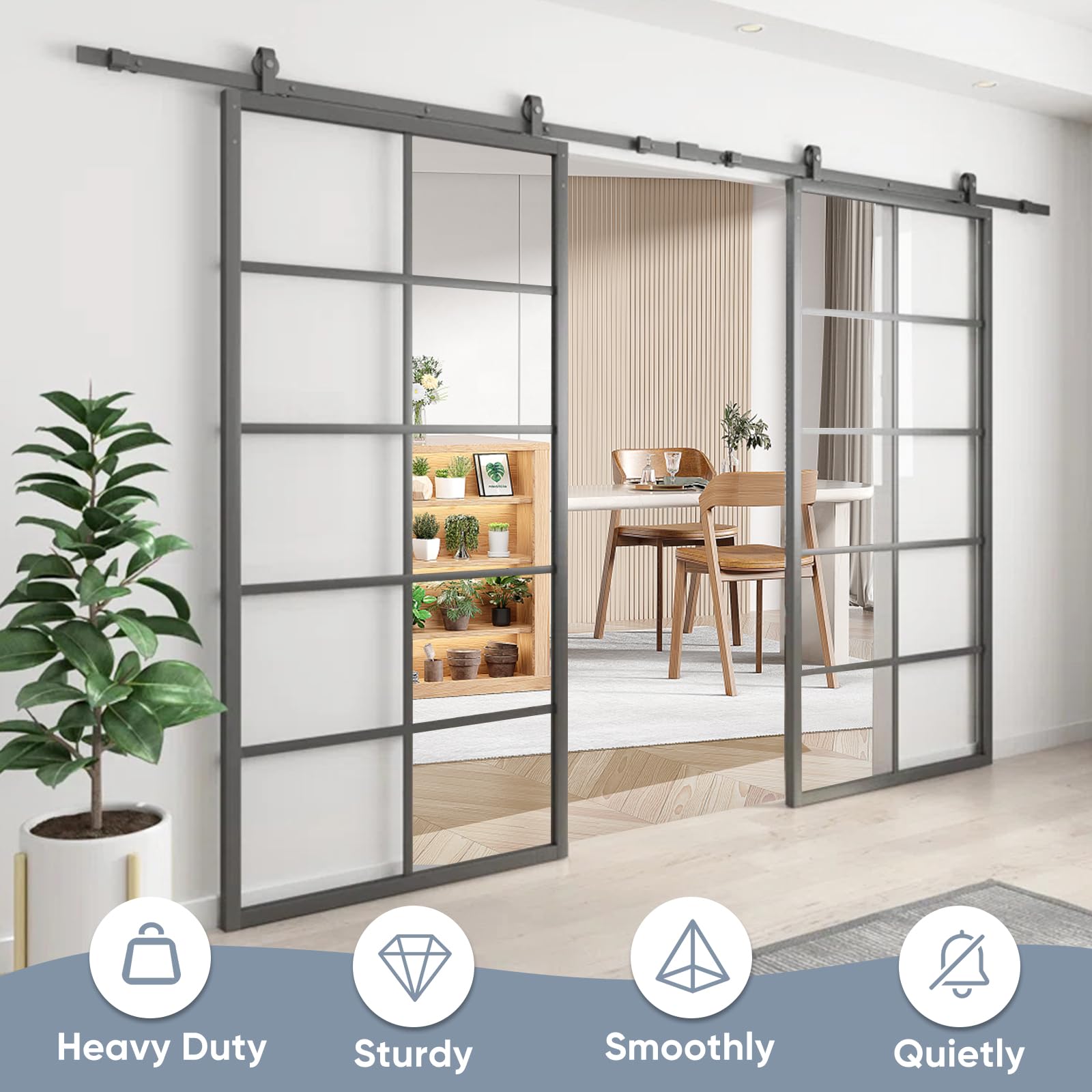 JUBEST Double Barn Door 84 x 84 in with 14FT Hardware Kit, 2 Sets of 42x84 in Clear Tempered Glass Aluminum Frame Barn Door,Pocket Interior Door, Easy Assembly,Black Top-Mounted Hardware